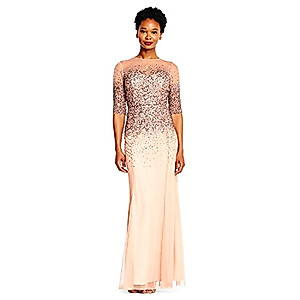 Adrianna Papell Women's Dresse's 3/4 Sleeve Beaded Illusion Gown with Sweetheart Neckline, Rosegold, 10