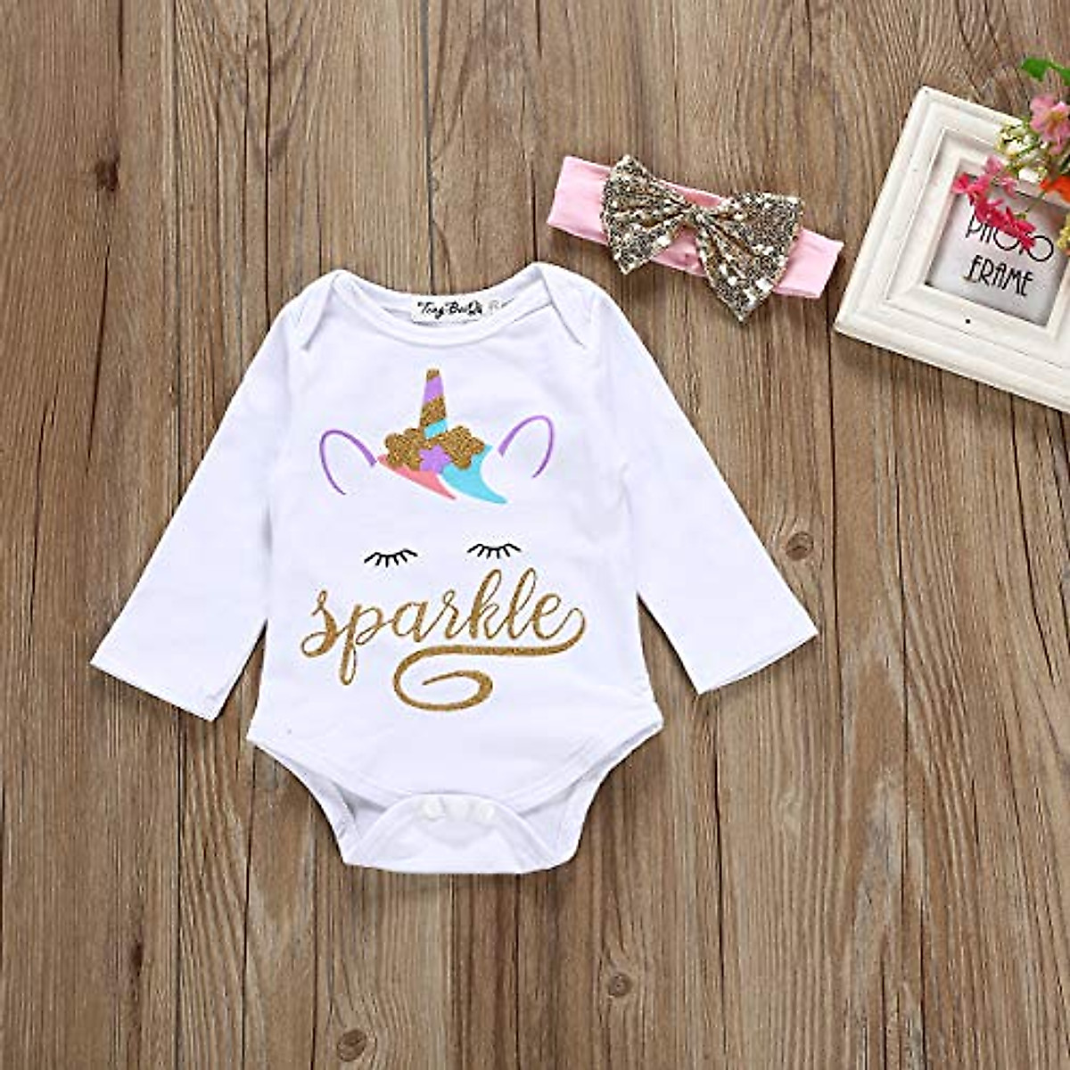 Baby Girl Unicorn Outfit Infant Sparkle 1st Birthday Romper+Tutu Princess Skirt Dress Bow Headband Skirt Sets (White, 0-6 Months)