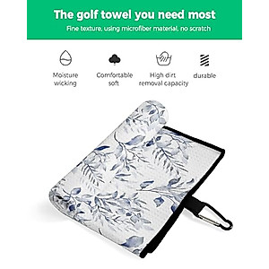 Golf Towel Pastoral Blue Leaves Seamless White,Waffle Pattern Microfiber Club Cleaner Golf Towels with Carabiner Clip for Women Men Dad,Aesthetic Botanical Art Golf Towel for Golf Bags,24x16in