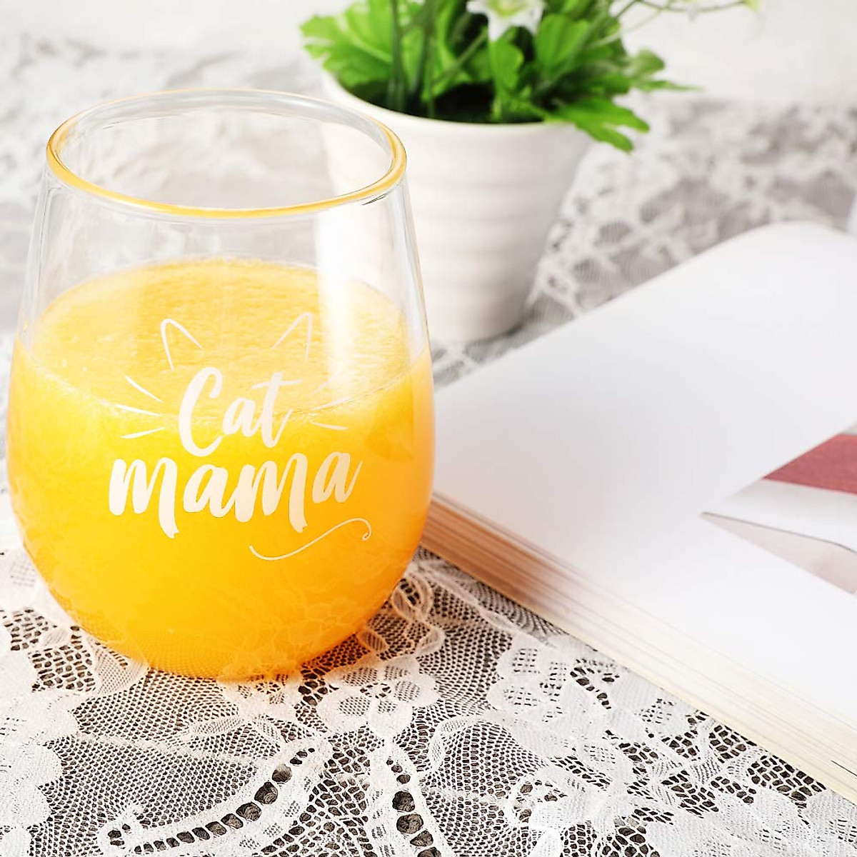 BigNoseDeer Cat Mom Wine Glasses Stemless Crystal Wine Mug Cat Mug Cat Gifts for Cat Lovers Gifts for Women Friends Mother's Day for Mom(14oz)