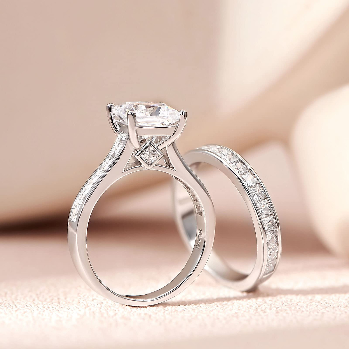 SHELOVES Wedding Ring Set Princess Cut Cubic Zirconia Sterling Silver Engagement Bridal Rings Sz 7