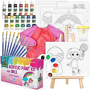 KEFF Paint Set for Kids, Art for Kids - Paint Kit with Non Toxic Washable Acrylic Paint for Kids - Kids Painting Set with Pre-Drawn Canvas Boards, Easel, Brushes, Kids Paint, Palette & Smock for Girls