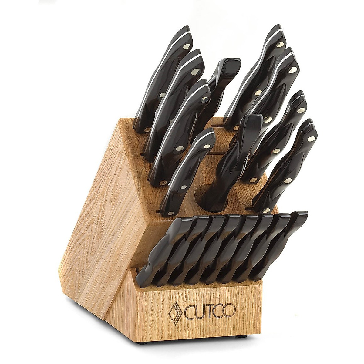 CUTCO Model 2018 Homemaker+8 Set Includes (8) #1759 Table Knives, (10) Kitchen Knives & Forks, 1748 Honey Oak knife block, 82 Sharpener, and #125 Medium Poly Prep cutting board