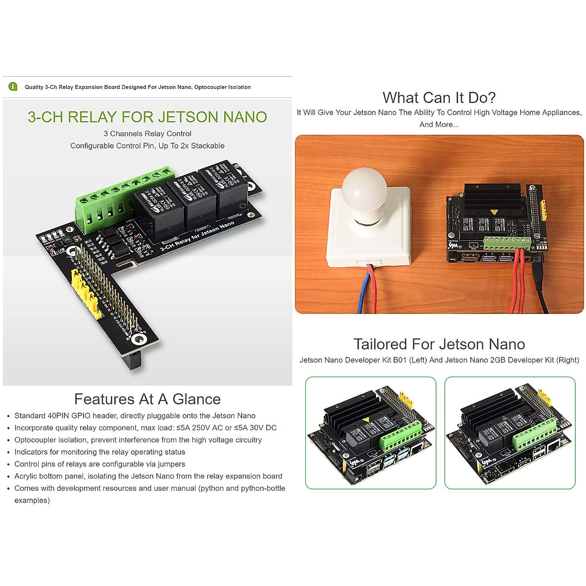 Waveshare Quality 3-Ch Relay Expansion Board Designed for Jetson Nano with Optocoupler Isolation