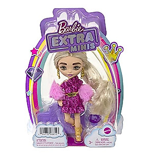 Barbie Extra Minis Doll & Accessories with Blonde Hair, Toy Pieces Include Shimmery Dress & Furry Shrug