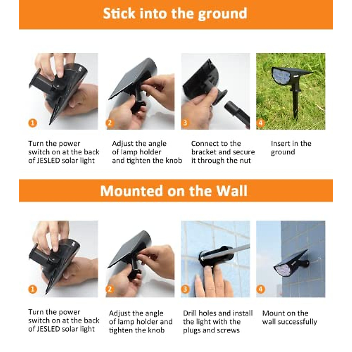 Solar Outdoor Lights, JESLED Solar Spot Lights Warm White IP67 Waterproof, 2 Modes(All Night Lighting) 2-in-1 Solar Powered Landscape Lights for Yard Flag Garden Pathway Porch Walkway [2 Pcs]