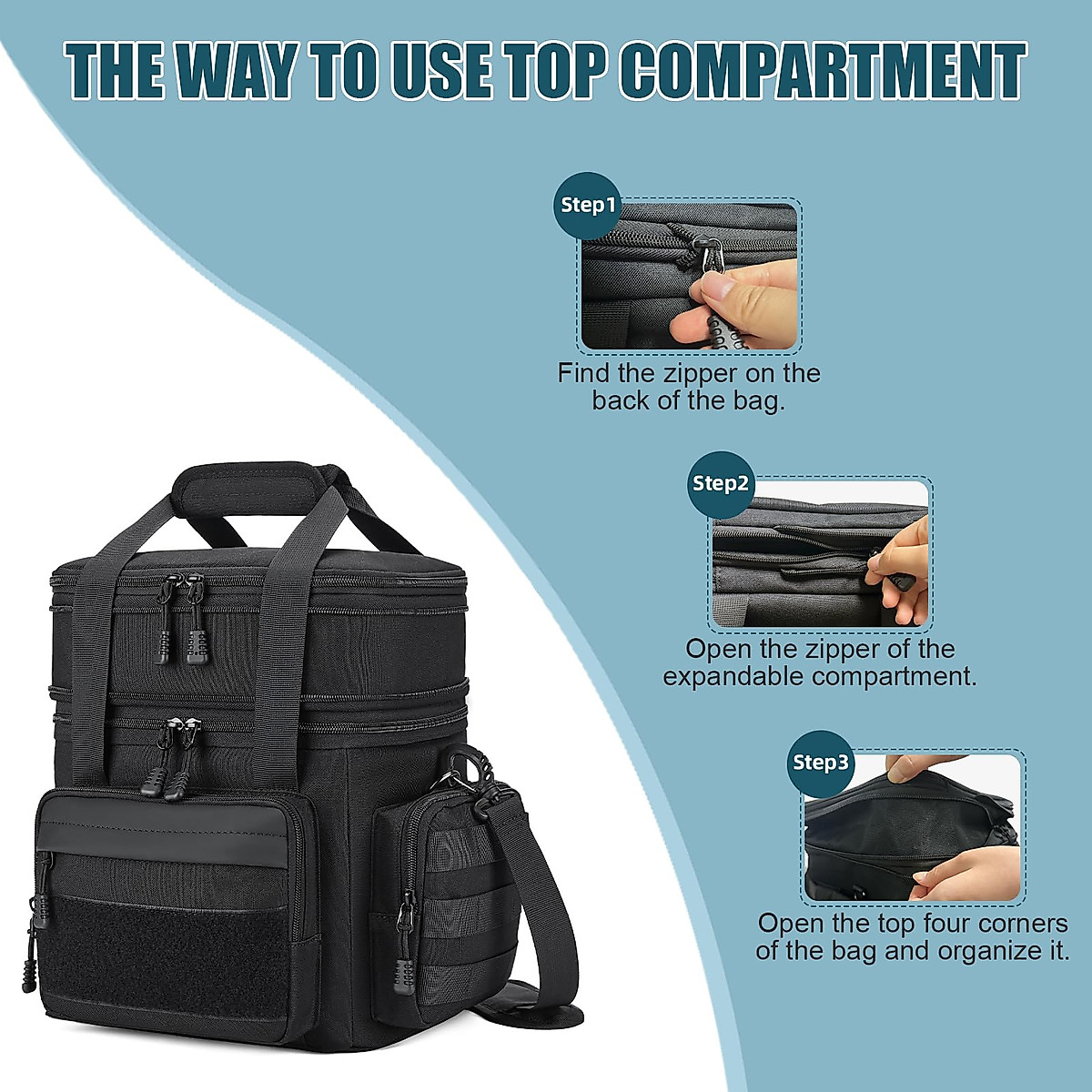 nylobist Insulated Lunch Box for Men: Reusable Tactical Lunch Bag for Work Office Picnic Outdoor - Large Portable Cooler Tote Bag Organizer for Adults - Black