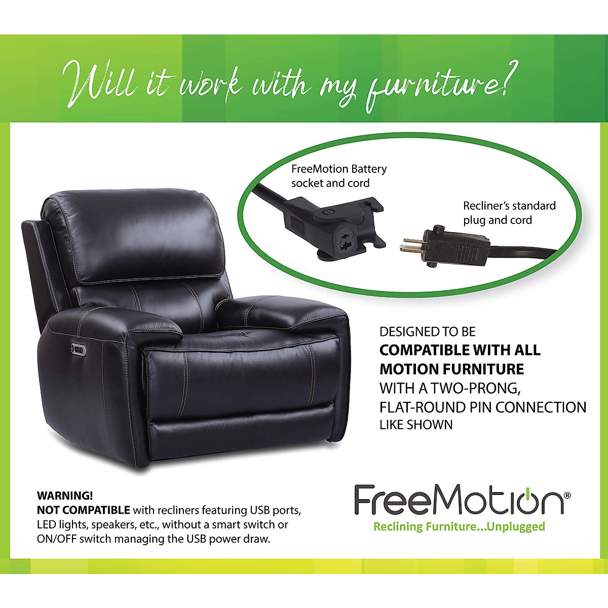 FREEMOTION 5000 mAh Battery Power Recliner Rechargeable Battery Pack, for Sofa Battery, Sectional Battery, Furniture Battery, with Power Supply