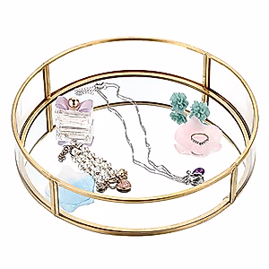 ELLDOO Gold Round Glass Tray, Mirror Jewelry Tray Perfume Tray Mirror Vanity Tray Dresser Tray Ornate Tray Metal Decorative Tray Perfume Organizer Makeup Tray for Vanity Dresser