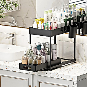 NYYTGE Under Sink Organizer Under Bathroom Cabinet Storage 2 Tier Storage Rack with 4 Hooks, Under Cabinet Organizer Baskets, Multi-Purpose Under Sink Shelf Organizer for Bathroom Kitchen