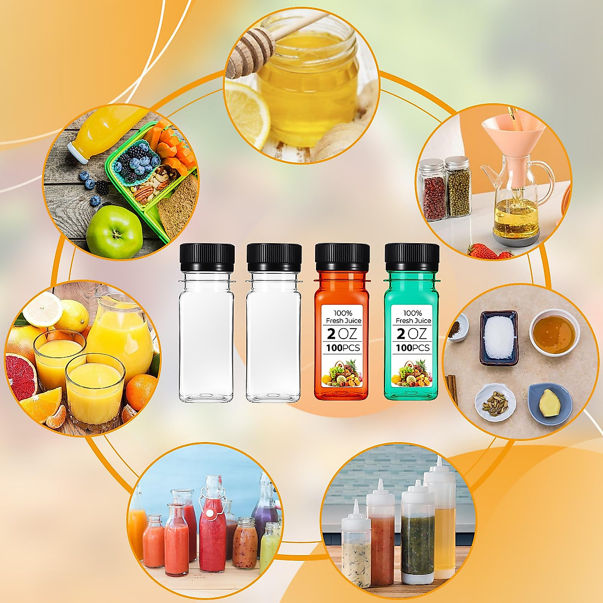 50 Pcs 2oz Clear Plastic Bottles, Mini Juice Bottle with Black Screw Lid, Juice Bottles Empty Reusable Liquid Vial Freezer Safe Drinking Beverage Container Leak Proof for Juice Milk Water Beverages