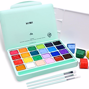 HIMI Gouache Paint Set, 24 Colors x 30ml Unique Jelly Cup Design with 3 Paint Brushes and a Palette in a Carrying Case Perfect for Artists, Students, Gouache Opaque Watercolor Painting (Green)