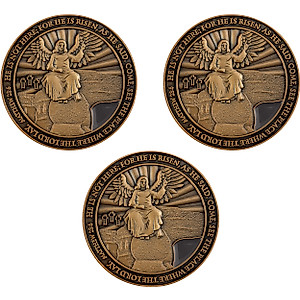 Easter Resurrection Coin, He is Risen, Bulk Pack of 3, Handout for Church Service, Christ is Alive & Empty Tomb, Jesus Son of God Challenge Coin, Religious Antique Gold-Color Plated Prayer Token Gift