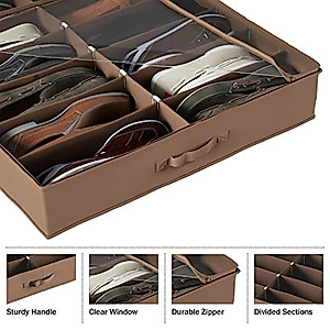 Under Bed Storage Shoe Organizer Bag with Clear Plastic Zippered Cover, Stores 12 Pairs of Shoes by Everyday Home (Brown)