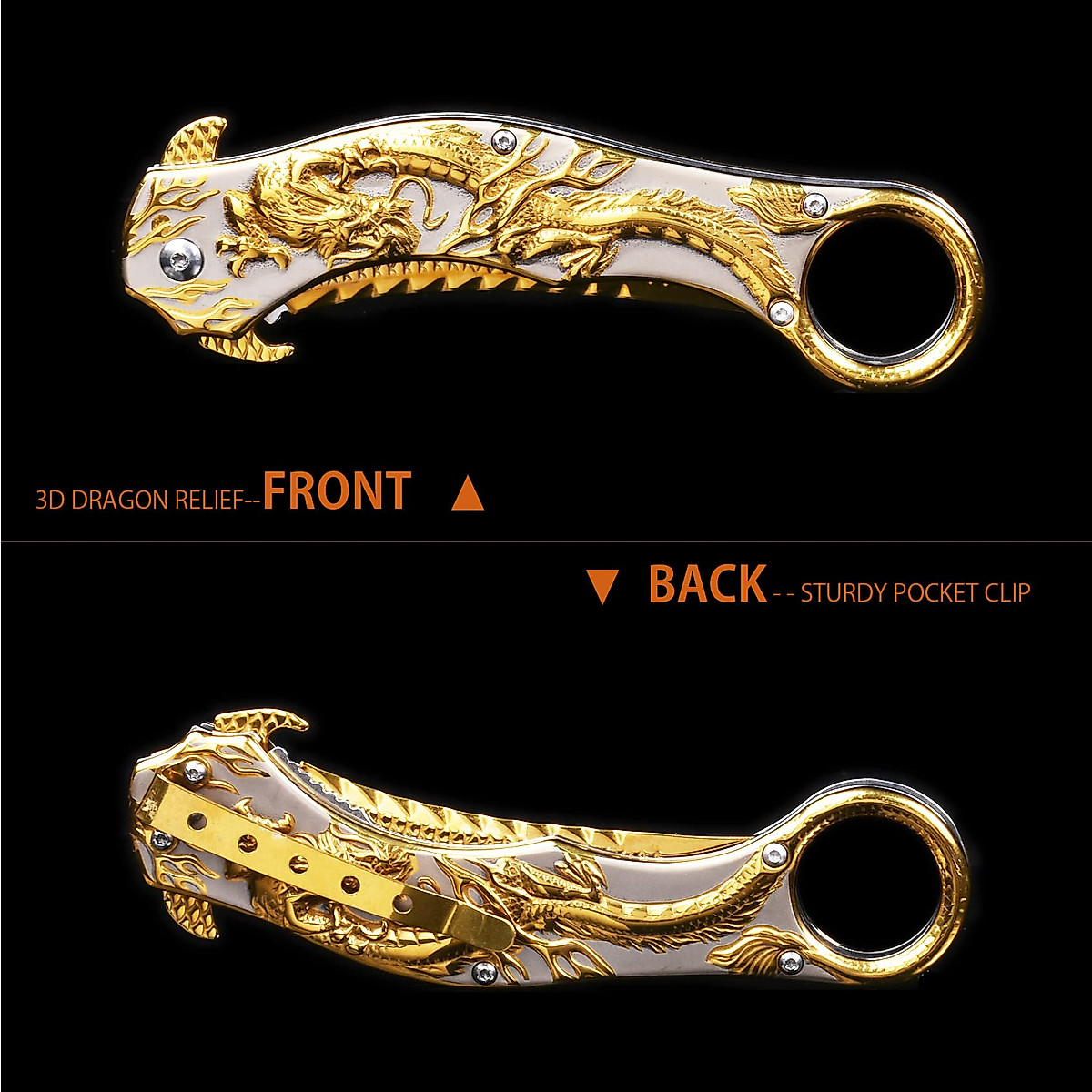 Pocket Knife for Men, Cool Folding Knife With 3D Golden Dragon Relief, Great Gift Edc Knife For Men Outdoor Survival Camping Hiking Hunting