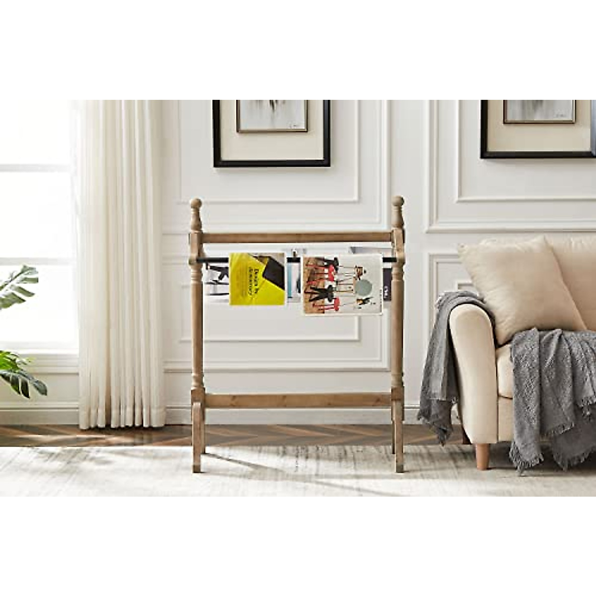 eodme 2 Ties Freestanding Towel Rack, Farmhouse Wood Blanket Rack Stand, Rustic Drying and Display Rack for Bathroom, Living Room