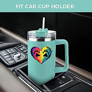 40 ounce insulated cup with handle, double-layer vacuum stainless steel material, equipped with straw, can keep warm or maintain cold drinks Love Rainbow Paw Animal 2 Lake Green