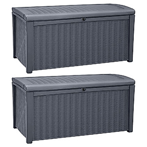 Keter Borneo 110 Gallon All Weather Weatherproof Rattan Wicker Resin Outdoor Patio Porch Garden Deck Organization Storage Box Bench, Grey (2 Pack)