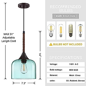 Dolaimi House 2 Pack 1 Light Indoor Hanging Kitchen Island 7.3" Green Glass Paper Rope Pendant Light Fixtures Oil Rubbed Bronze Finish Modern Farmhouse Dinning Room Living Room Over Sink