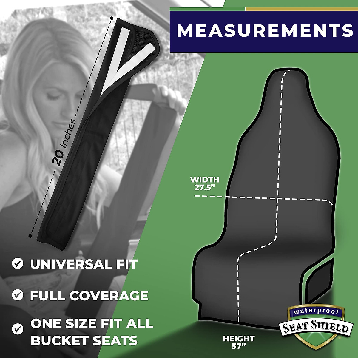 Waterproof SeatShield UltraSport Front Seat Cover and Seatbelt Cover - Black Car Seat Towel and 20in Car Seat Belt Cover for All Vehicles - Seat Belt Cushion for Women, Men, Kids from Sweat, Food,Dirt