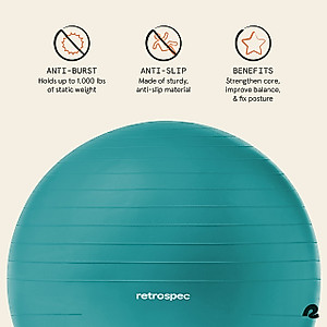 Retrospec Luna Exercise Ball - 55, 65, or 75cm Yoga Ball for Workouts, Stability, Pregnancy - Swish Balance Ball w/Pump & Base for Office & Home Gym