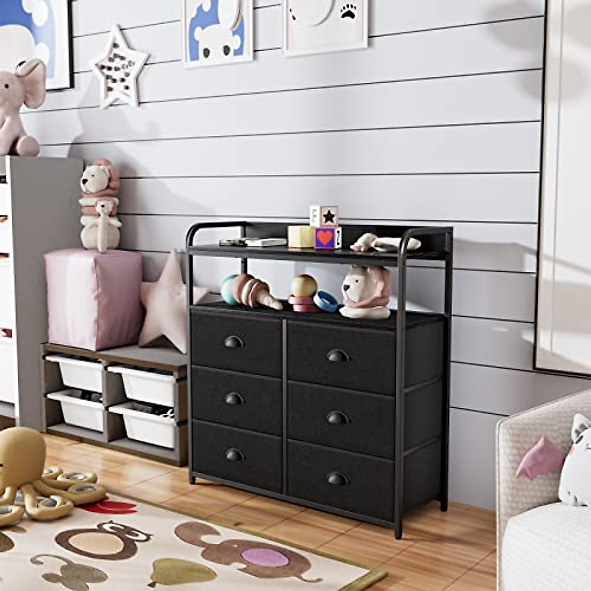Furologee 6 Drawer Dresser Fabric, Double Shelf Black Closet Organizer Storage Tower Unit for Bedroom, Living Room Entryway, Rustic Bins, Sturdy Metal Frame