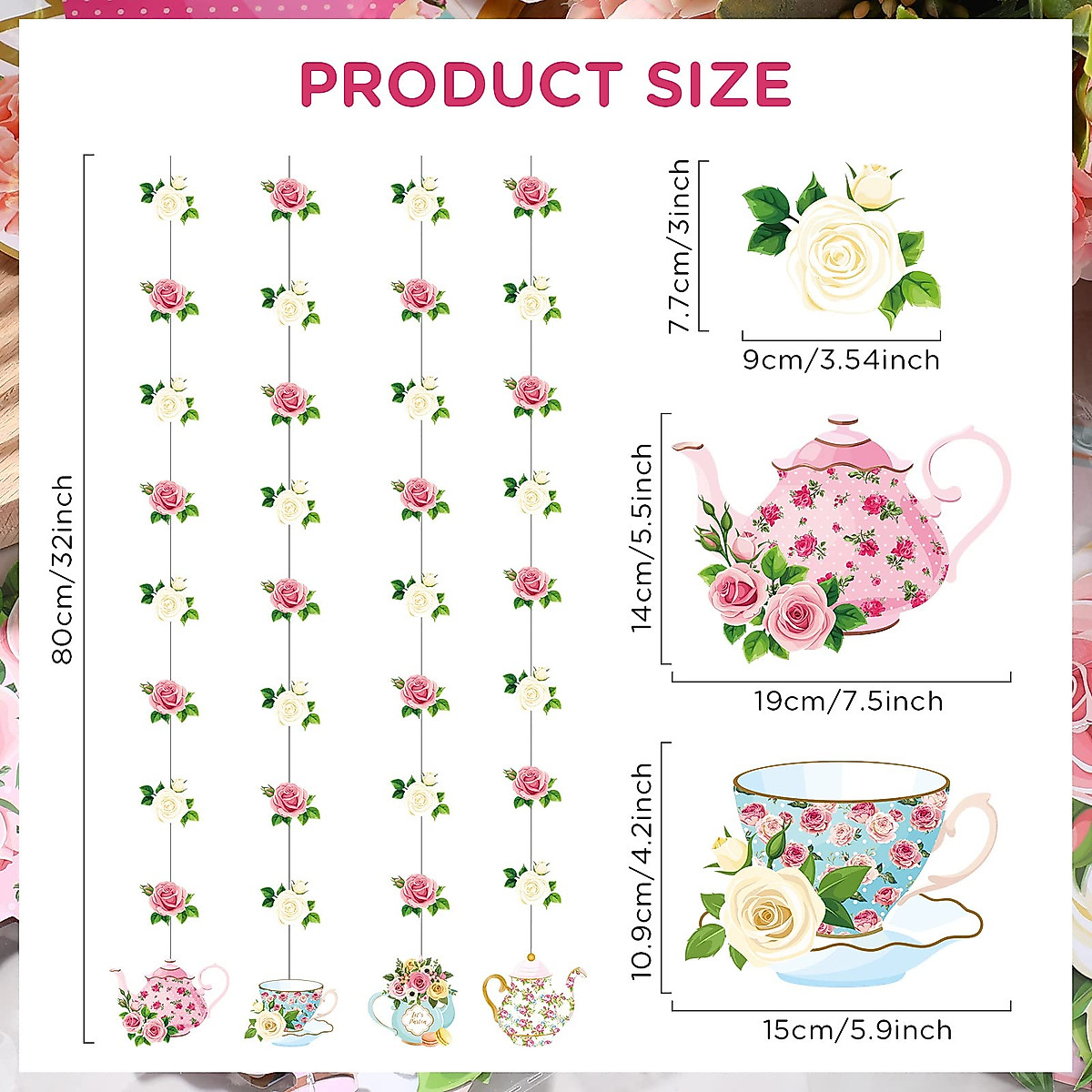 Tea Party Decorations Floral Tea Party Double Sided Hanging Garland Decorations Favors for Baby Shower Gender Reveal Birthday Bridal Wedding Girls Tea Party Birthday Decorations 32" 8 Pack