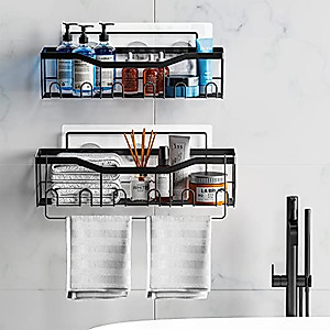 Shower Caddy Shelves, Adhesive Shower Organizer,Rustproof Stainless Steel Shower Shelf for Inside Shower, No Drilling Rustproof Bathroom Shower Caddy Basket Shelf with Soap Holder and 4 Hooks (Black)