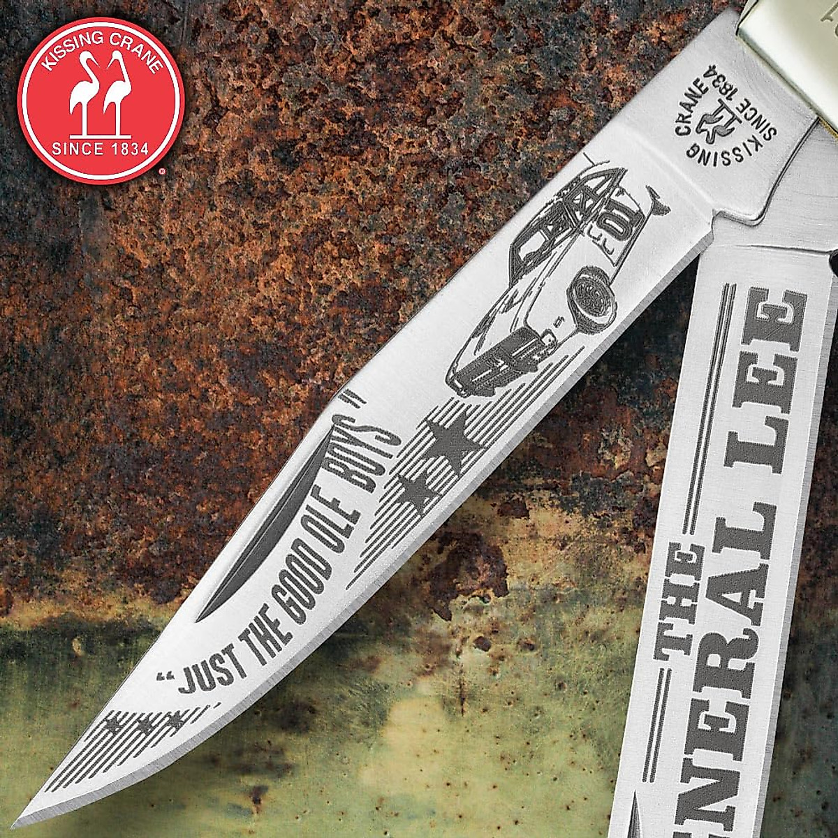 KISSING CRANE General Lee Trapper Pocket Knife | Dukes of Hazard Collectible | 440 Stainless Steel Blades | Laser Etched | Closed Length 4"