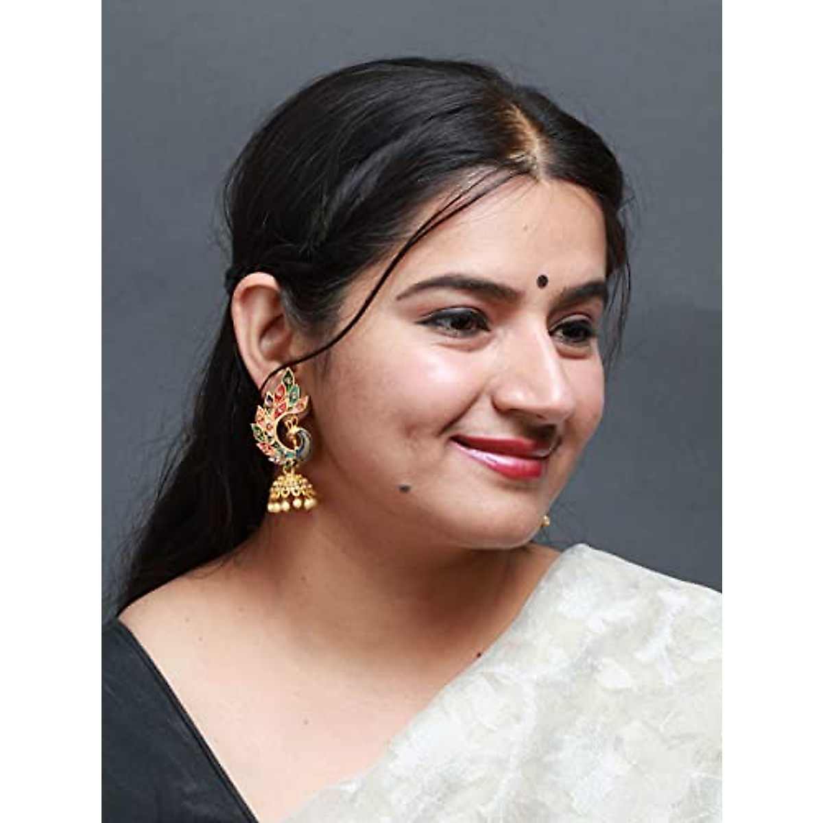 Bindhani Indian Bollywood Style Gold Toned Peacock Meenakari Jhumka Earrings For Women