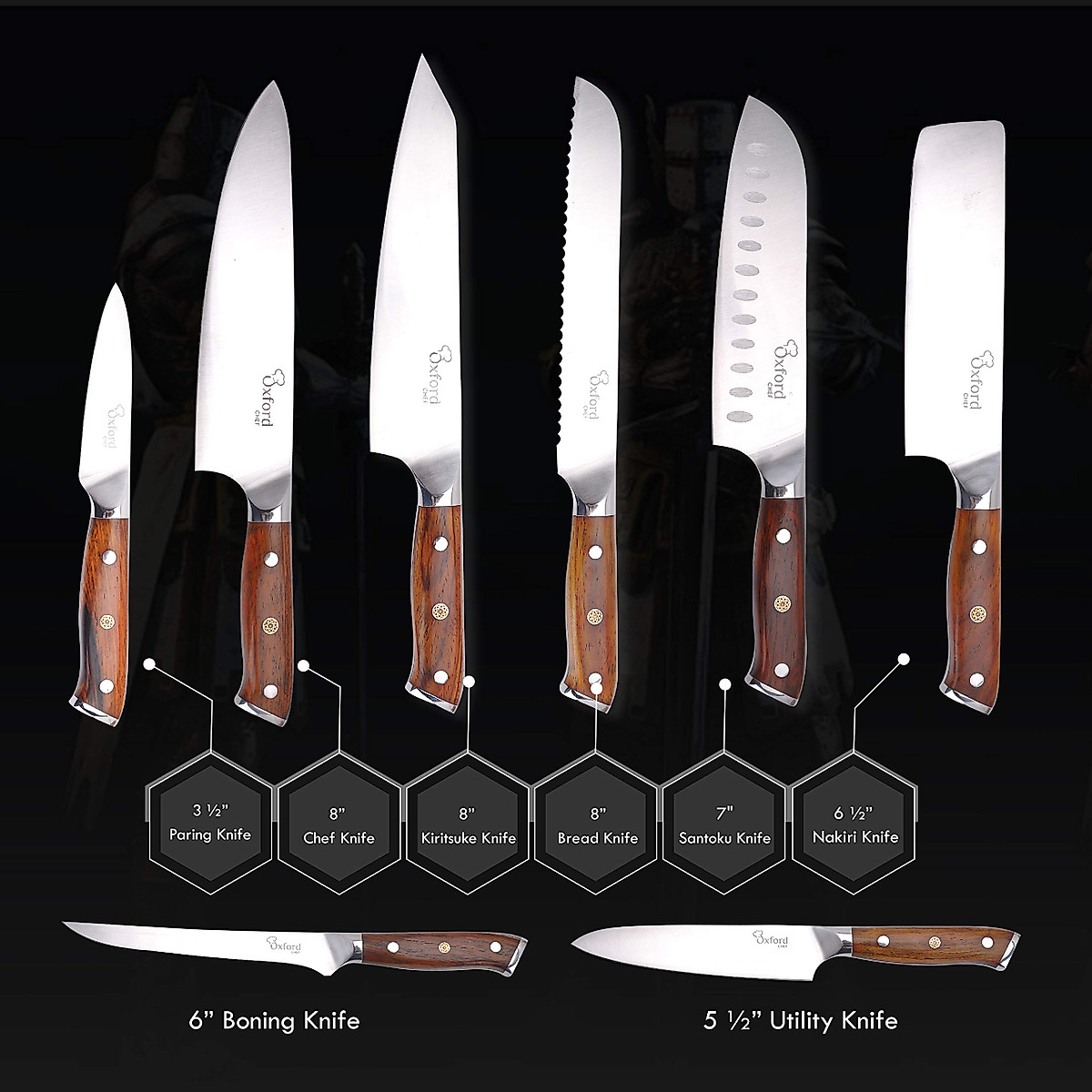 Kitchen Knife Set With Block: 8 Piece German 1.4116 High-Carbon Stainless Steel Knives - Full-Tang, Ergonomic Sandalwood Handles W/Stylishly Designed Acacia Wood Knife Block by Oxford Chef