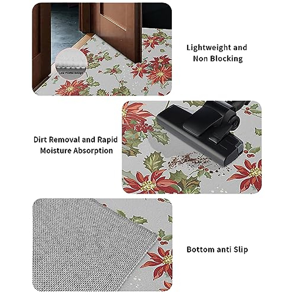 Indoor Outdoor Mats, Christmas Flowers and Leaves Tile Pattern Door Mat, Non-Slip Absorbent Resist Dirt Entrance Mat Washable Welcome Mats for Entryway, Low-Profile Floor Mats