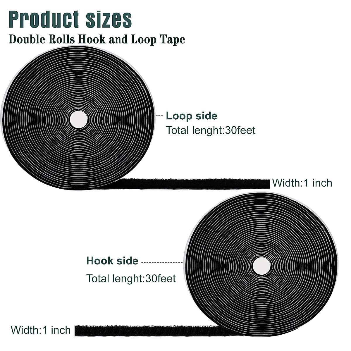 30Ft x 1 Inch Hook and Loop Strips with Adhesive, Double Rolls of Heavy Duty Self Adhesive Tape with Backing, Nylon Self Adhesive Tape for Home Office School and Crafting,Black