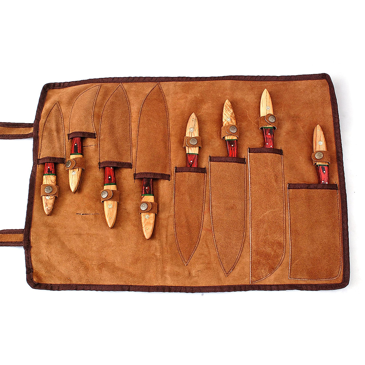 Best knife Handmade Professional Kitchen Damascus Knife Set, 8pcs Best Damascus Steel Chef Kitchen Knif set With Storage Roll Case Bag, High Carbon Japanese style BBQ Butcher Knives Set