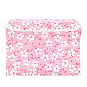 White Pink Cherry Blossom Storage Bins with Lids Collapsible Storage Cubes Containers Box Closet Organizer Fabric Storage Basket for Bedroom Shelves Clothes Nursery Office Gifts Home Decor
