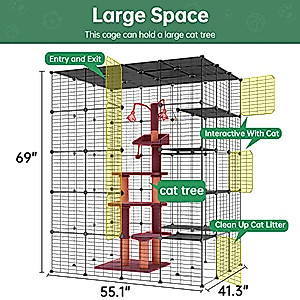 Eiiel Large Cat Cage Indoor Cat Playpen Metal Wire Kennels Crate Ideal for 1-4 Cats, 54 L x 41W x 69 H Inch, Black