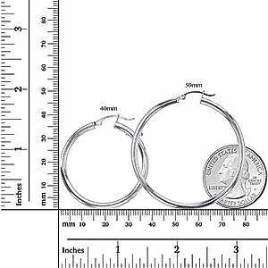 14k REAL White Gold 50MMx3.00MM Thickness Classic Polished Round Tube Hoop Earrings with Snap Post Closure For Women