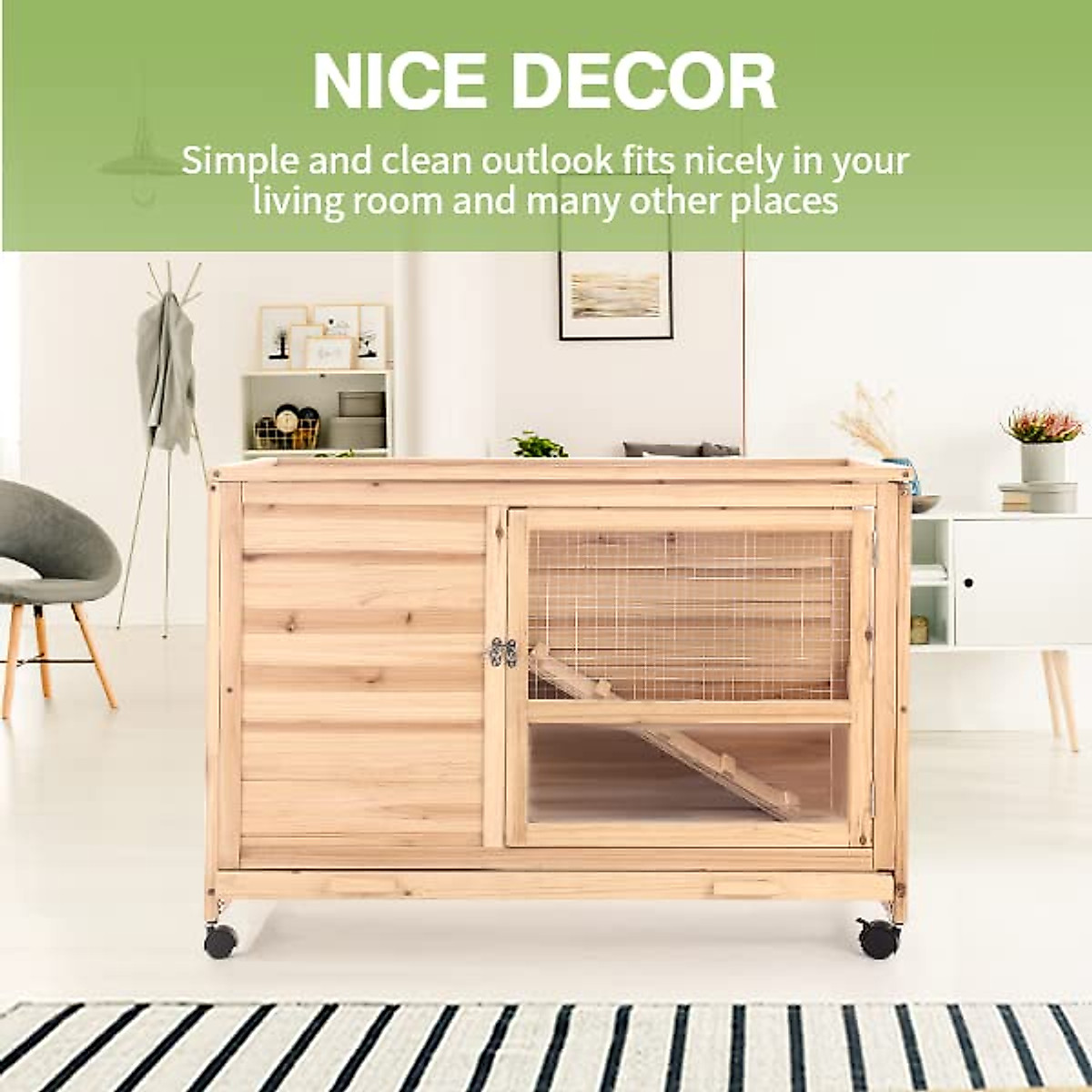 YOLENY Rabbit Hutch, Wooden Small Animal Cage, Bunny Hutch Indoor Rabbit Cage, Outdoor Guinea Pig Cage Hedgehog Cage, Removable Tray, Safety Lock, Galvanized Mesh Wires, Access Ramps