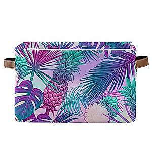 ALAZA Tropical Purple Pineapples and Palm Leaves Storage Basket for Shelves for Organizing Closet Shelf Nursery Toy, Fabric Collapsible Storage Organizer Bins Decorative Baskets with Handles Cubes