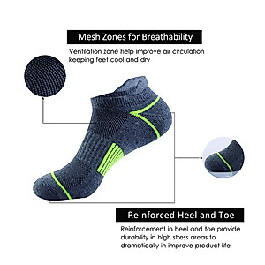 JOYNÉE Mens Athletic Low Cut Ankle Tab Socks 6 Pack Cushioned Breathable for Running,Dark Grey,Sock Size:10-13
