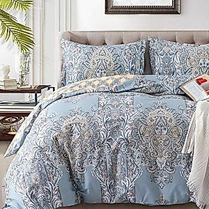 JUCFHY Cotton Duvet Covers and Sets -1000TC Egyptian Cotton Paisley Print Luxury Duvet Cover Set-Reversible Damask Medallion Percale Comforter Cover Set-2pcs Bedding (Twin,Light Blue Floral)