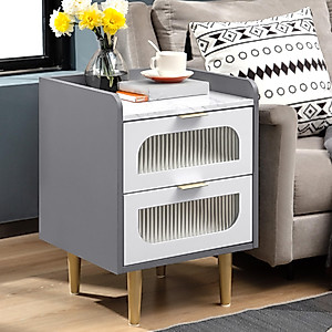 SICOTAS Night Stand with 2 Drawers, Modern Wood Nightstand Fluted Tempered Glass Marble Bed Side Table with Storage Large End Tables with Gold Legs for Bedroom Living Room, White and Grey