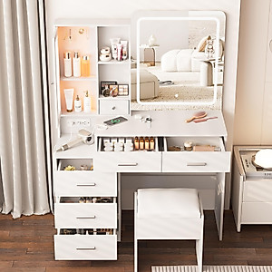 Fameill Makeup Vanity Desk with Mirror and Lights, White Vanity Table Set with Charging Station, Dressing Table with RGB Cabinet, Makeup Vanity Mirror with 5 Drawer, Hooks, Storage Shelves, Chair