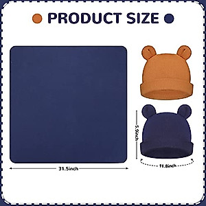 Geyoga 2 Sets Newborn Infant Swaddle Hat Infant Bear Ear Beanie Baby Receiving Blankets Newborn Swaddle Wrap Hospital Receiving Blankets for 0-6 Mouths Unisex Baby Boys Girls (Navy Blue, Camel)
