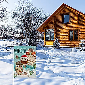 Covido Home Decorative Welcome Winter Garden Flag, Christmas Holiday House Yard Snow Owls Decor Sign, Xmas Outside Decoration Seasonal Farmhouse Outdoor Small Burlap Flag Double Sided 12 x 18