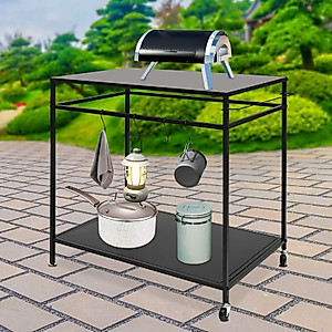 CNCEST Outdoor Grill Cart, Double-Shelf Movable Cooking Table, Outdoor Dining Cart with Storage and Spice Rack, Movable Kitchen Cart on Wheels,Kitchen BBQ Food Prep Table for Grill -Black