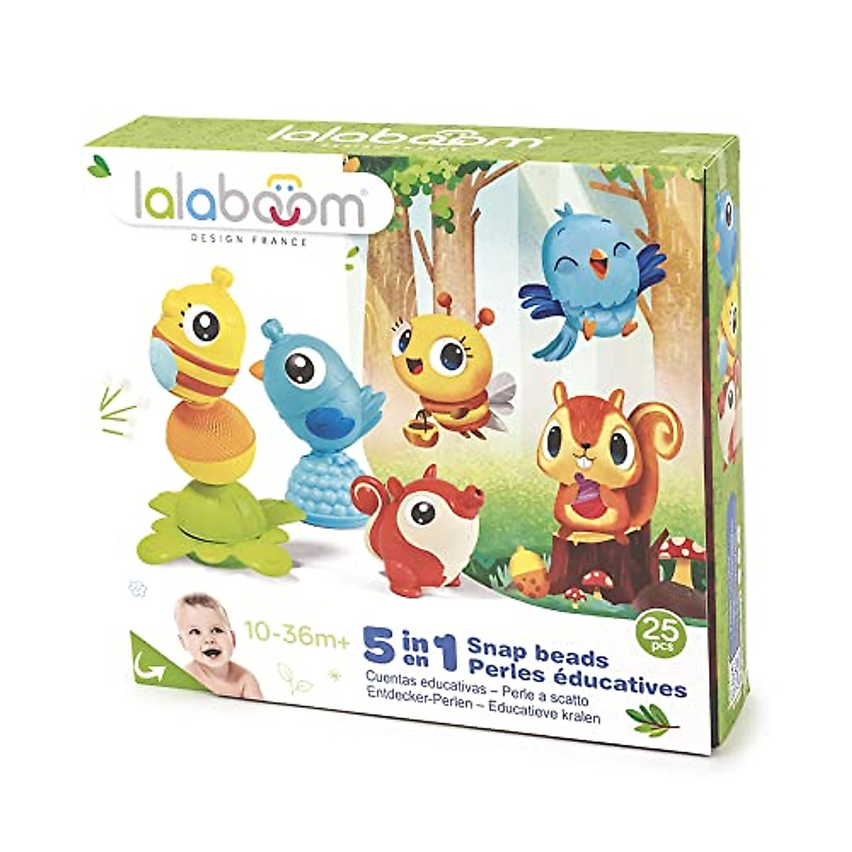 Lalaboom My First Step-by-Step Developmental Sensory 25 Piece Character Bead Activity Set – Pop, Twist, Mix, Stack, and Lace — Montessori Method STEM Focus – Dishwasher Safe - Ages 10 Months+ - BL320