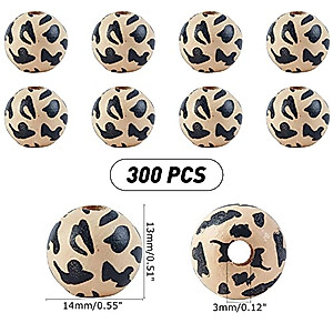 CHGCRAFT 300pcs Printed Wood Beads Dyed Charm Round Shaped Beads with Black Leopard Print Pattern Small Hole Spacer Beads Loose Wood Beads for Bracelet Necklace Earrings Keychain 12x14x13mm