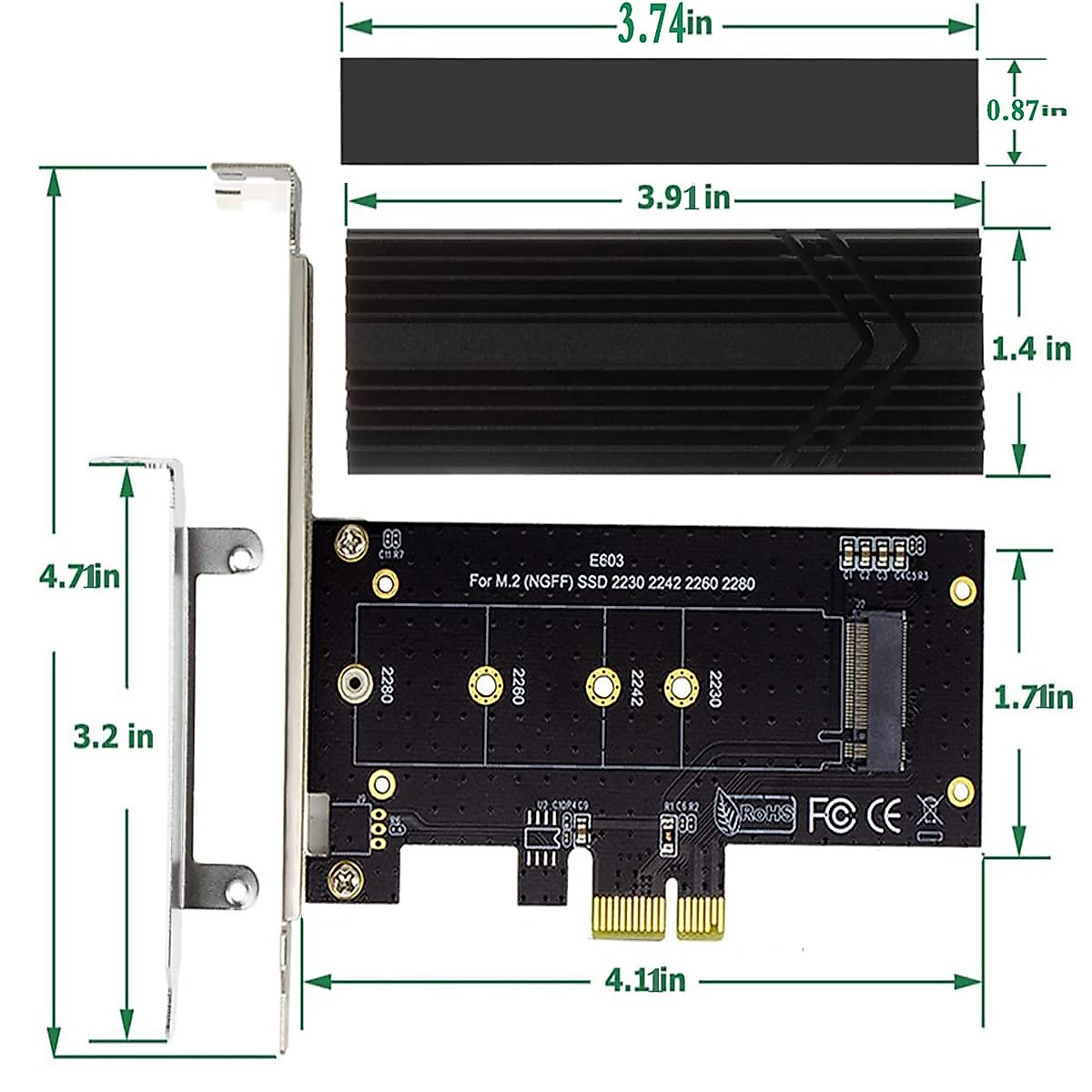 NVMe M.2 Adapter PCIe SSD to PCI-eX1/X4 / X8 / X16 Controller Expansion Card, M.2 (NGFF) SSD Pcie Adapter Converter Card with with Aluminum Heat Sink for M.2 (M Key) NVMe SSD 2280/2260/2242/2230