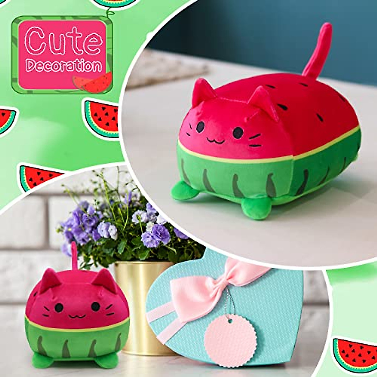Bekrgwiy Watermelon Cat Stuffed Animal Toys for Kids - Plush Pillows Watermelon Cat Plushies - Fun Fruit Pillow and Toy Cat for Kids - Hugging Plush Pillow Toy Gifts for Kids Girlfriend